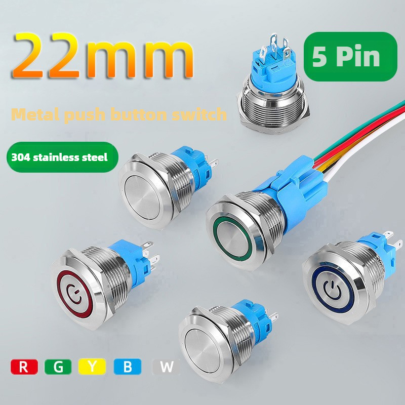 Metal Push Button Switch 22mm 5Pin 24V 220V Momentary Self-reset Self-locking LED Light ...