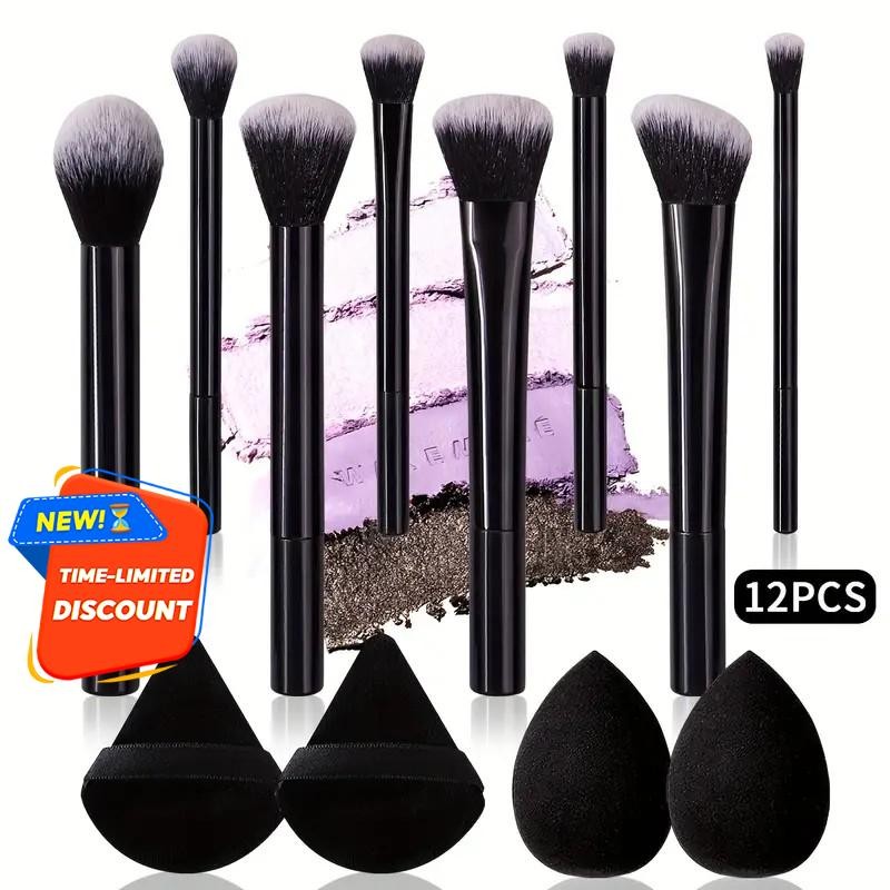 8-piece Premium Makeup Brush Set with Sponge & Puffs - Soft Bristles ...