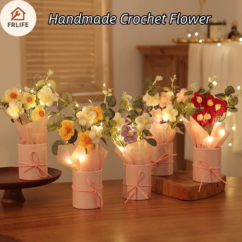 Handmade Crochet Flower Bouquet with LED Light Knitted Valentine Gift ...