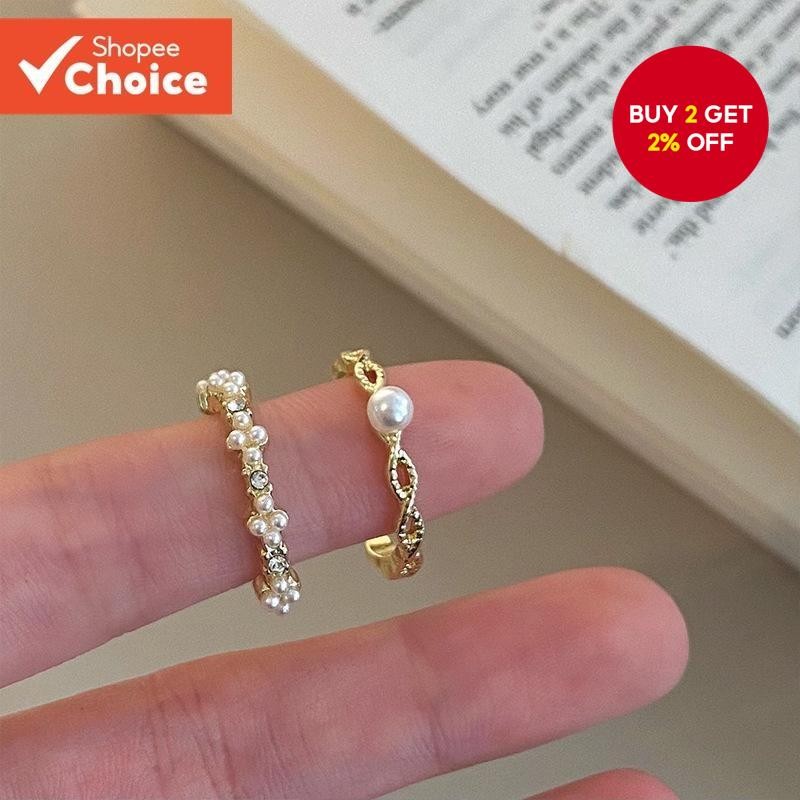 2Pcs Elegant Gold Pearl Rings for Women Matte Wave Twists Ring Set Jewelry Accessories | Shopee ...