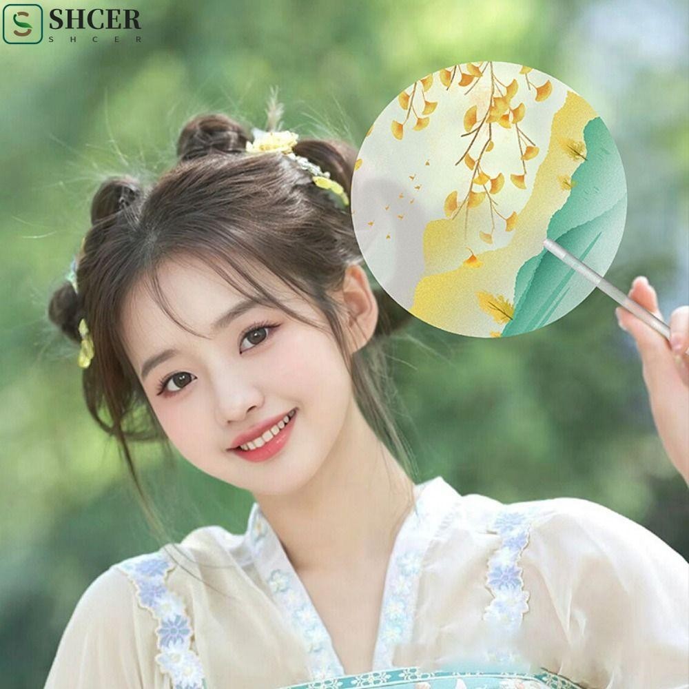 SHCER Ancient Long-handled Fan, Frosted Fan Handle Color Printing ...