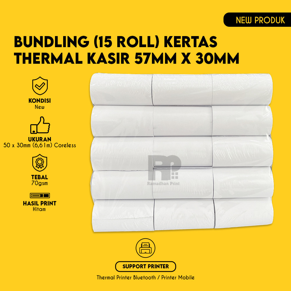 Cashier Paper Receipt 15 Rolls 57x30 57x30 58x30 58x30 EDC Thermal Core ...