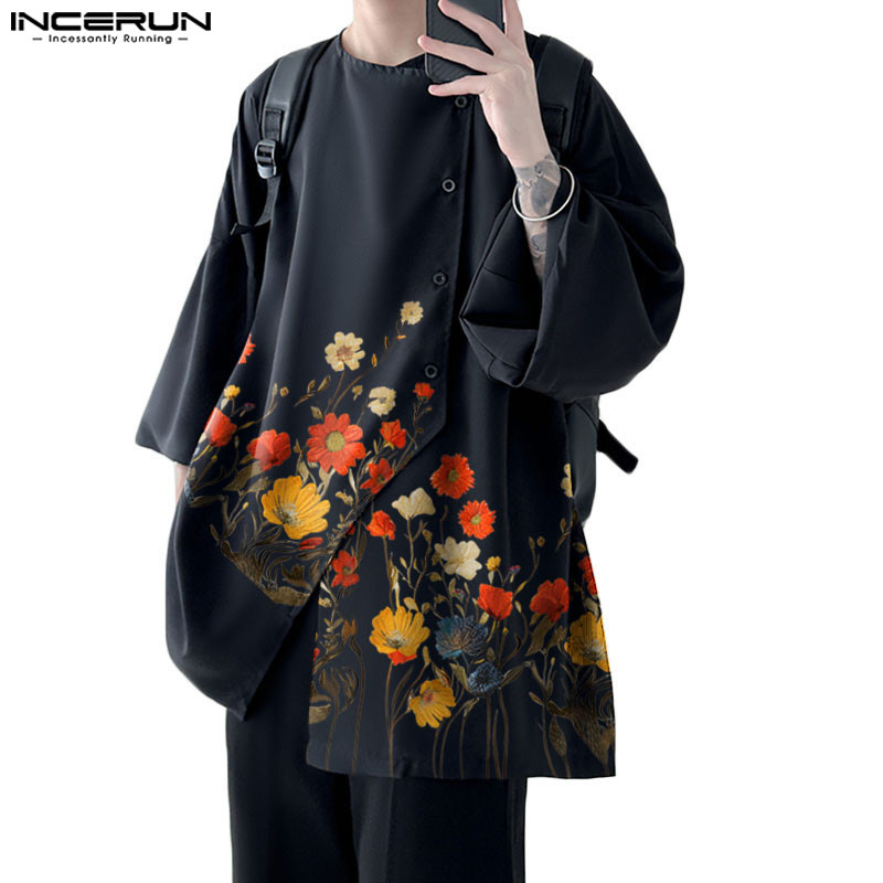 INCERUN Men Korean Fashion Irregular Crossover Design Floral Print ...