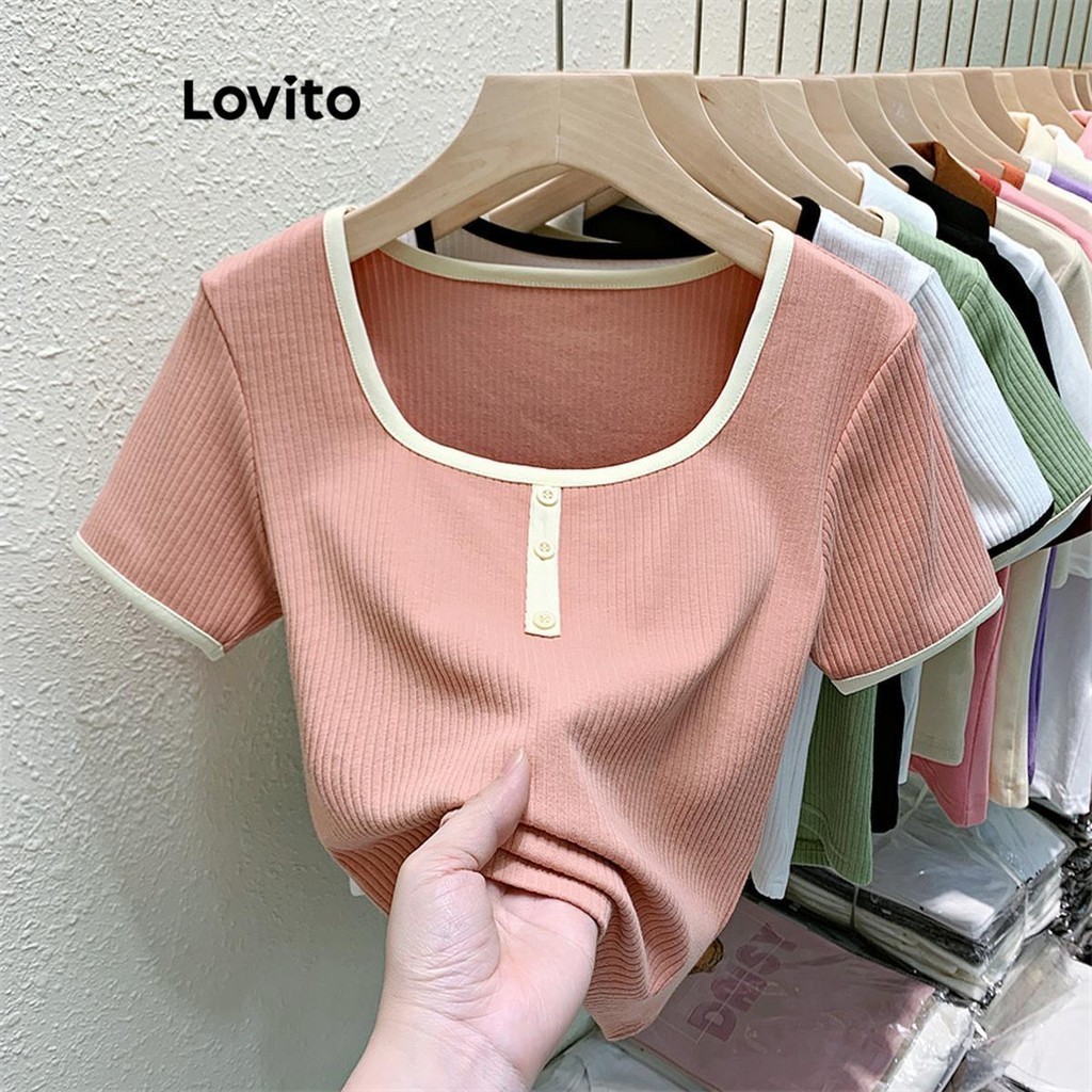 Lovito Women Casual Plain Contrast Binding Button Front T-Shirt ...