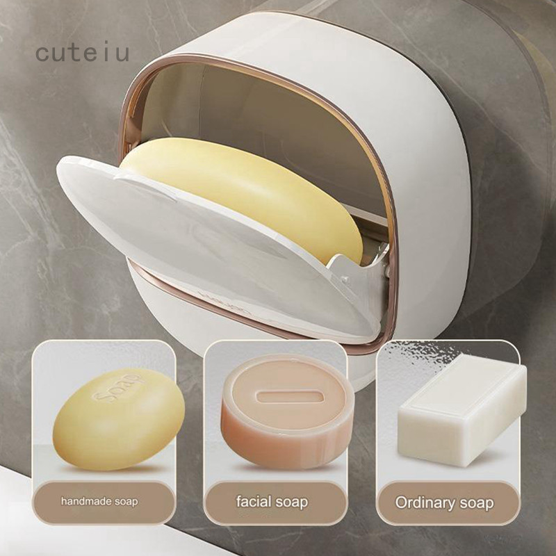 CUTEIU Punch-Free Wall-Mounted Household Soap Box Drain With Lid Light ...