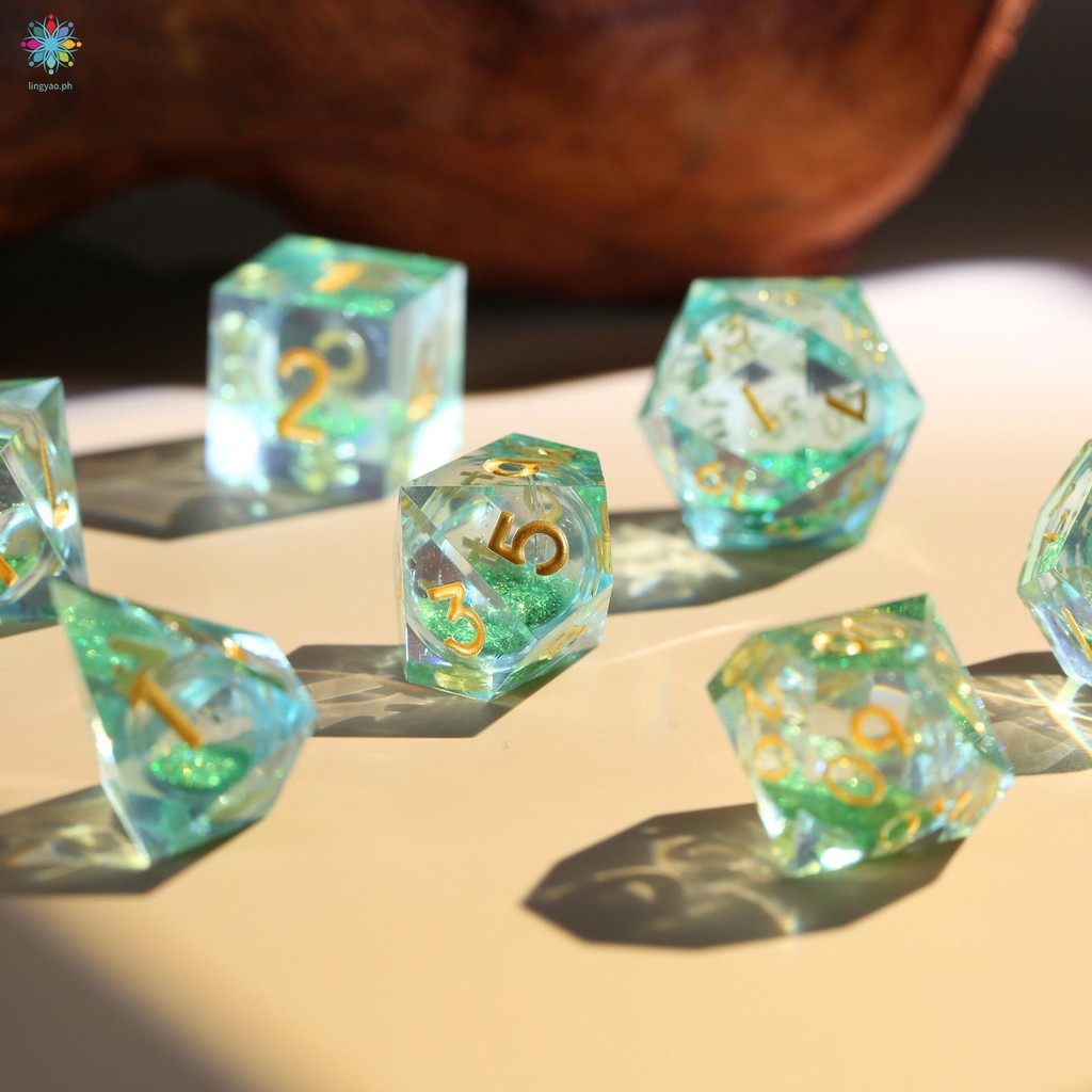 7-Piece Resin Liquid Core Dice Set Swirling Glitter Multi-Shaped D&D ...