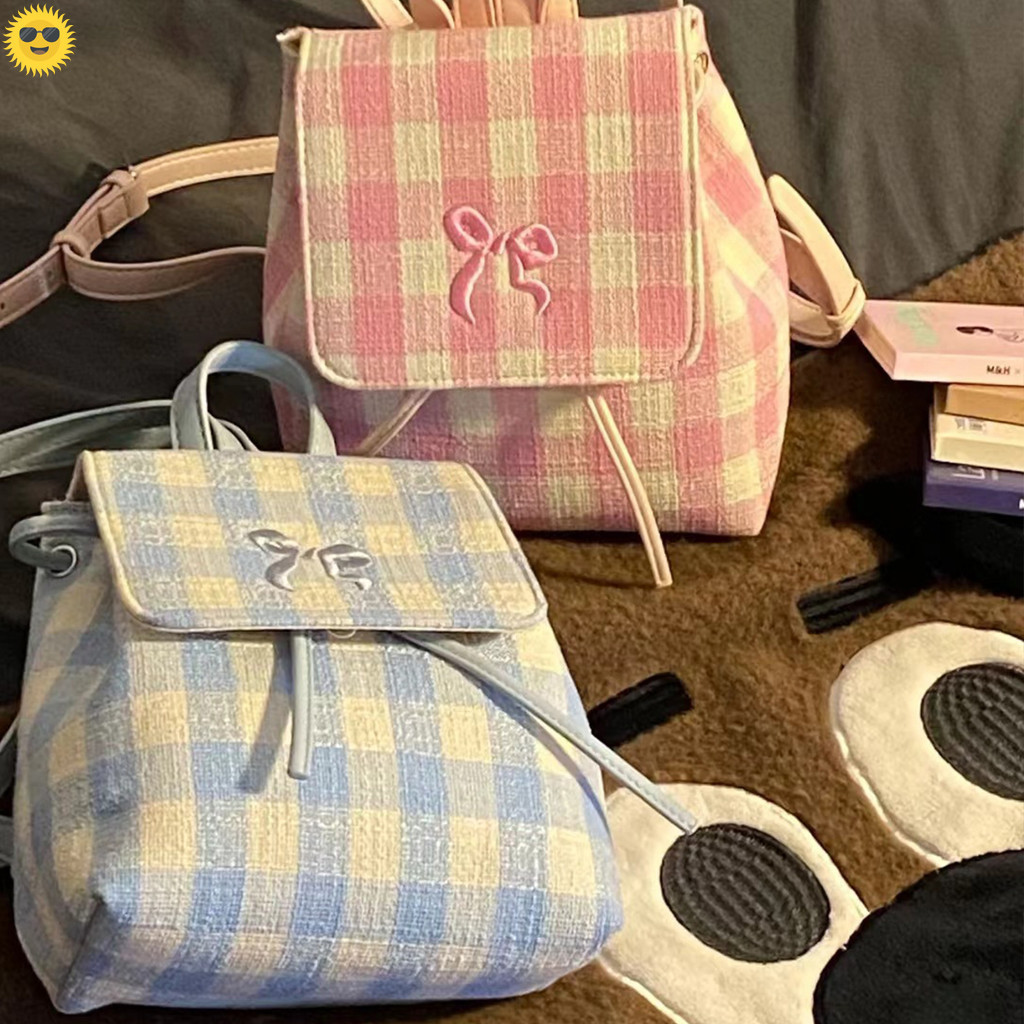 Korean Preppy Sweet Plaid Girls Backpack Y2k Aesthetic Bow Casual ...