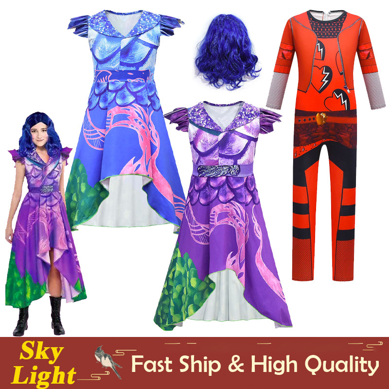Descendants 3 Mal Evie Cosplay Costume Blue Purple Dress For Kids Girl ...