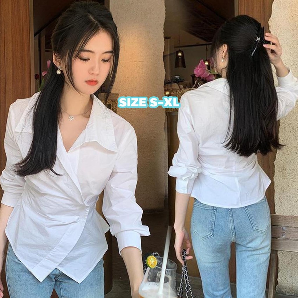 Croptop Blouse for Women Irregular Cinched Stripes Shirt New Elegant Lapel Long Sleeve Shirt# ...