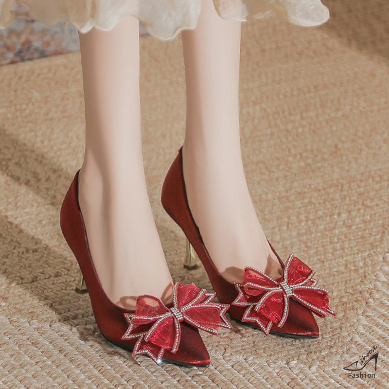 [CF] Red Christmas Shoes Wedding Party Satin Pointed Toe Formal Close ...