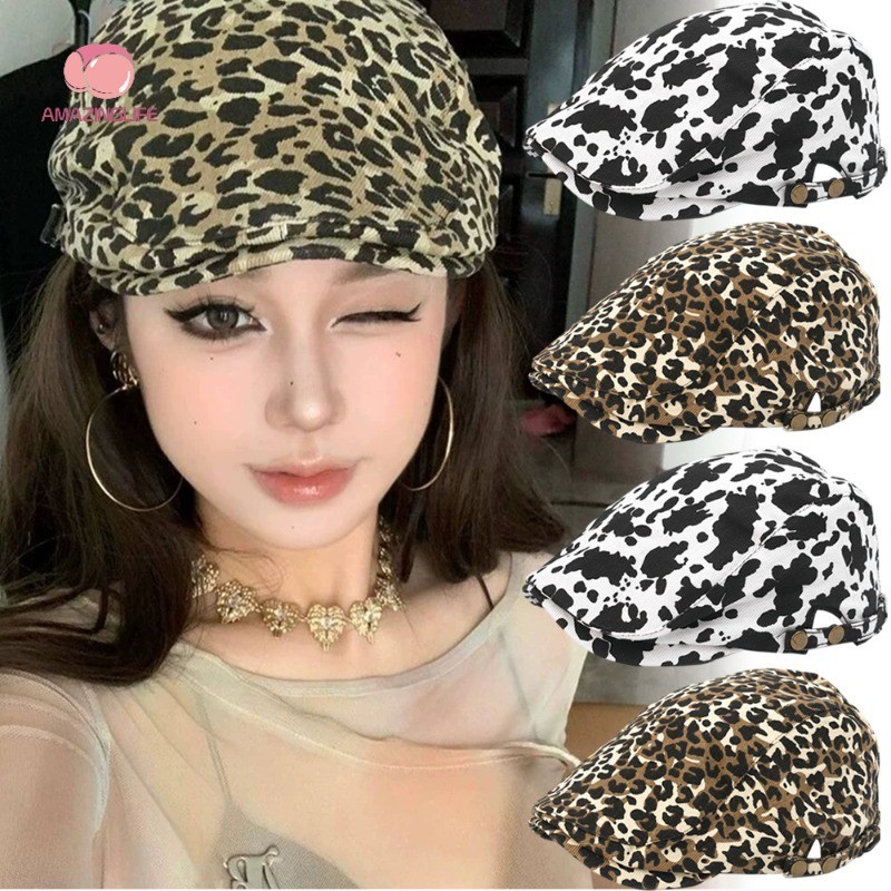 American Retro Leopard Print Beret - Versatile Personality Women Milk ...
