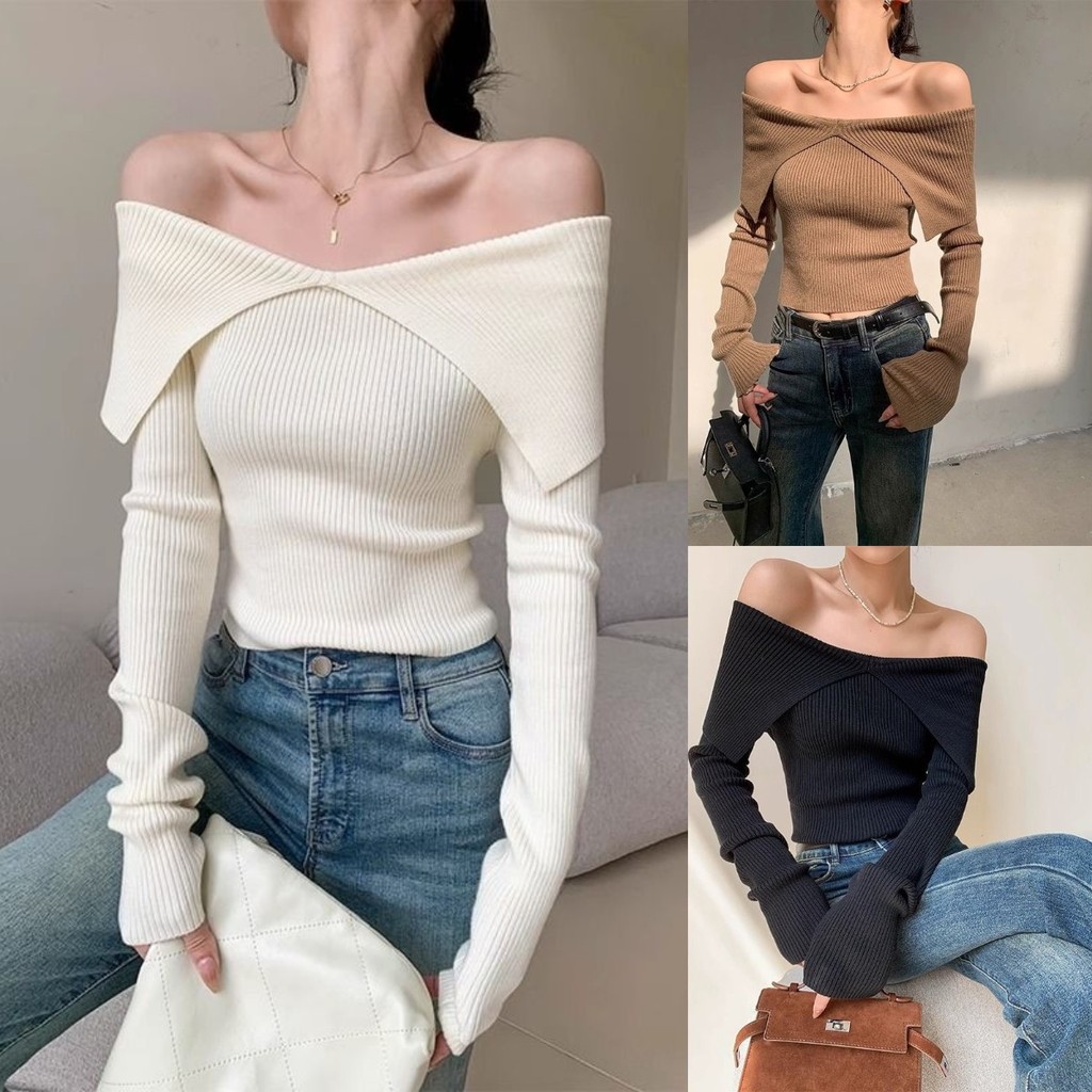 Long Sleeve Thin Sweater Off-Shoulder Knitted Bottom Shirt Autumn ...