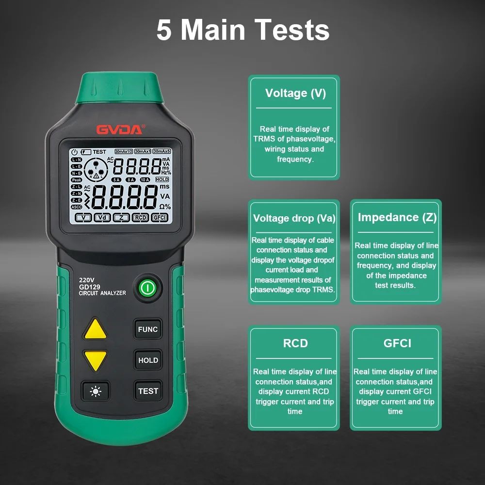 GVDA Digital Circuit Analyzer Electrical Socket Tester Line Fault Test ...