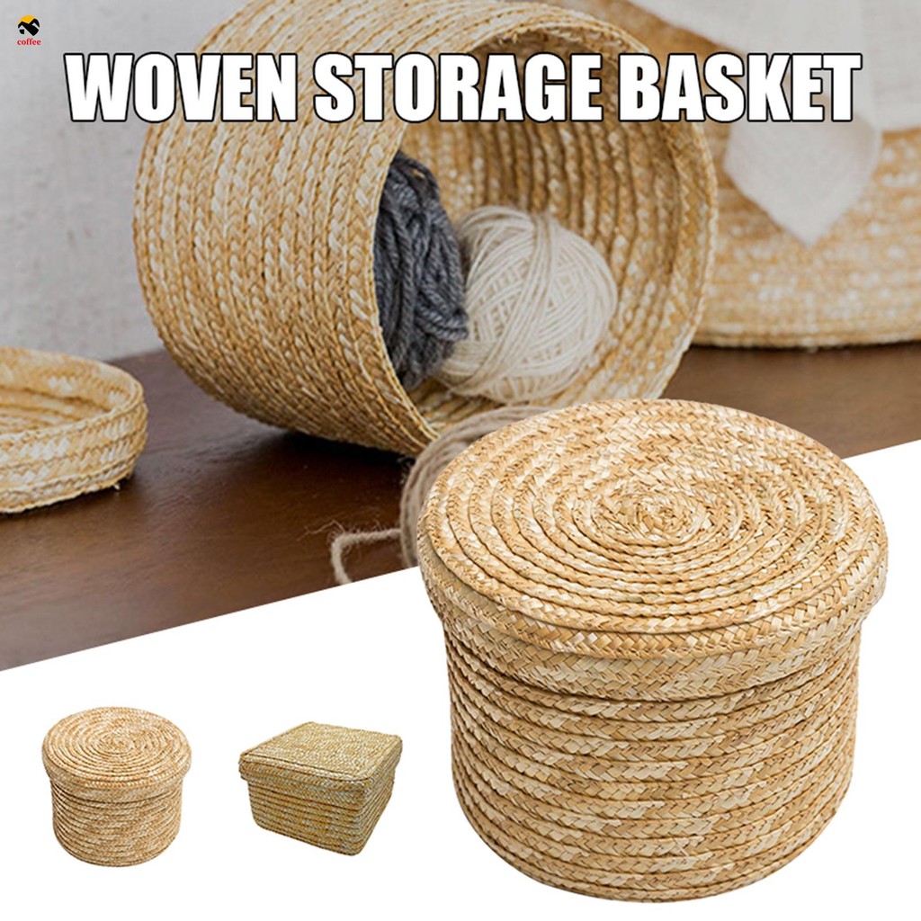 Woven Straw Storage Baskets with Lid Rattan Snack Container ...