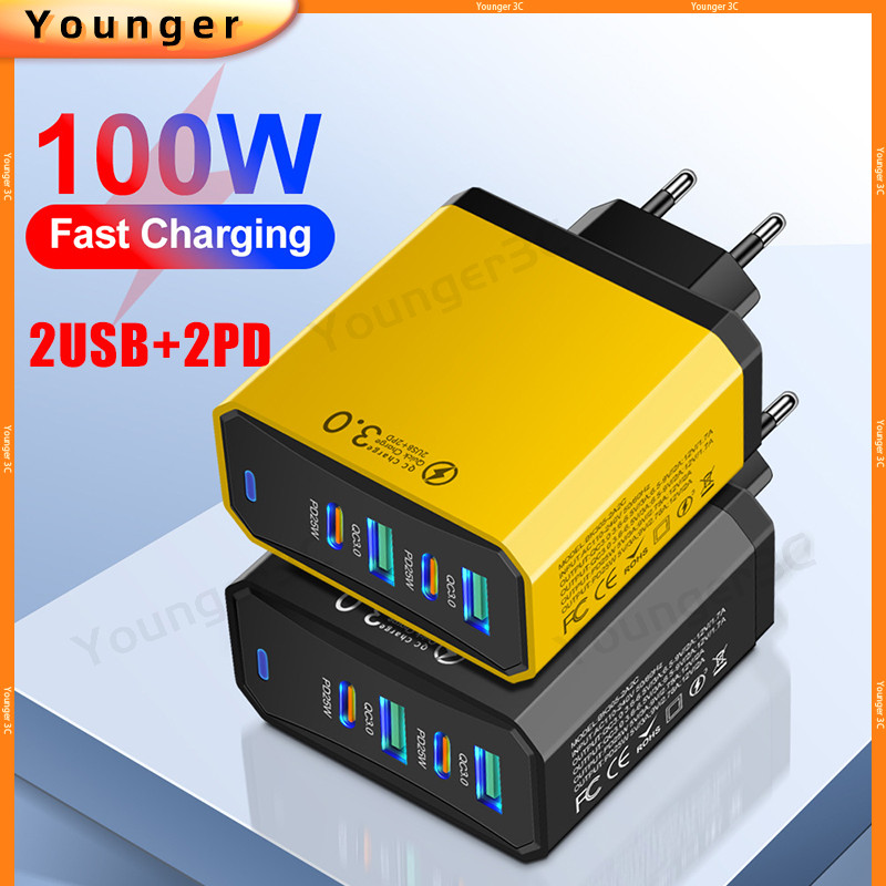 100W Multi Port Fast Charger 2USB+2PD Flash Charger 5V 3A USB Type C ...