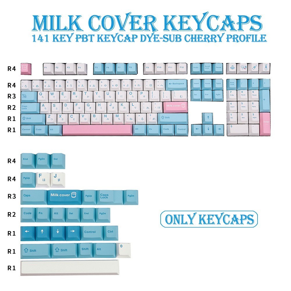Mintcaps Milk Keycaps 141Keys White Blue Japanses Cherry profile PBT ...