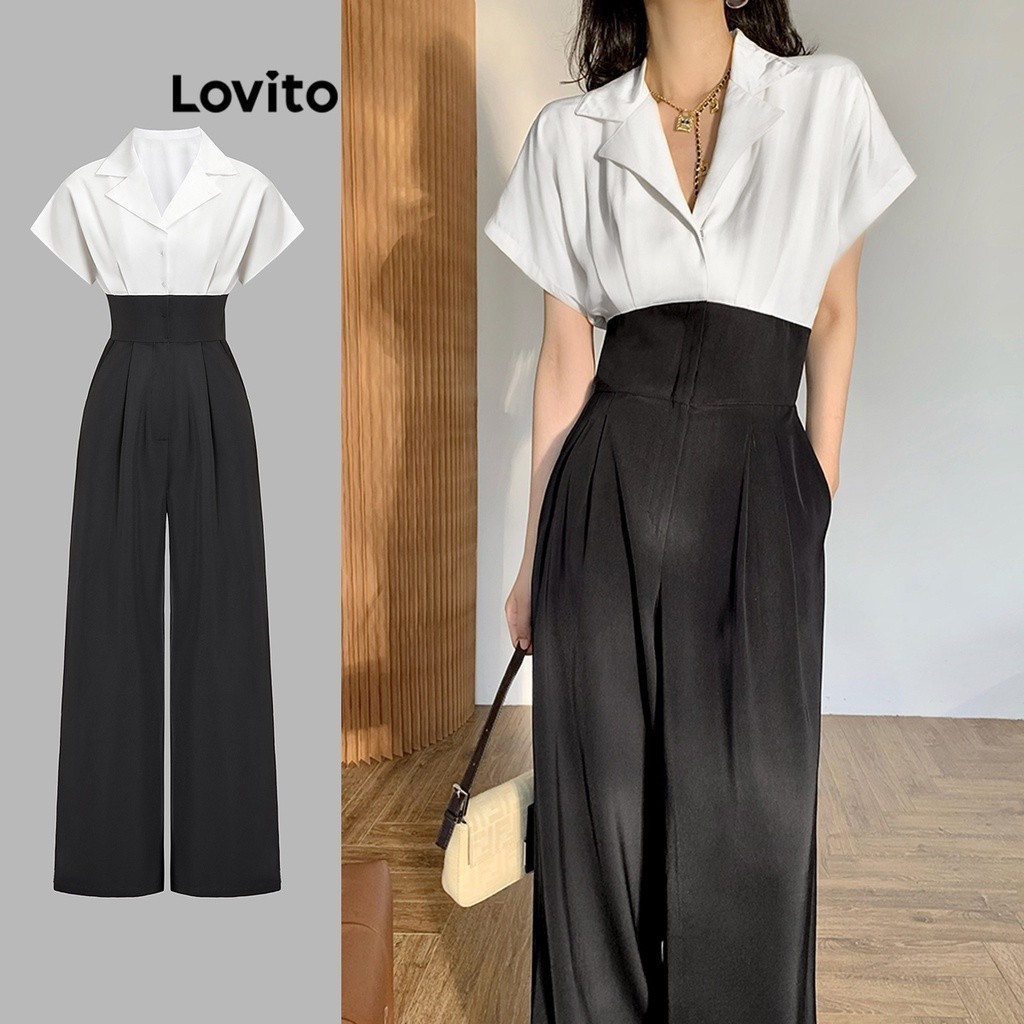 Lovito Women Elegant Patchwork Colorblock Jumpsuit L71ED204 | Shopee ...
