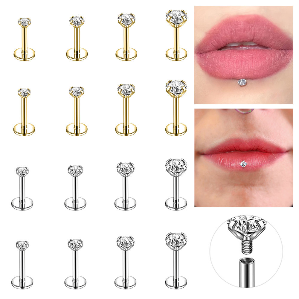 1 Pc Stainless Steel Lip Stud Internal Thread Lip Piercing Crystal ...