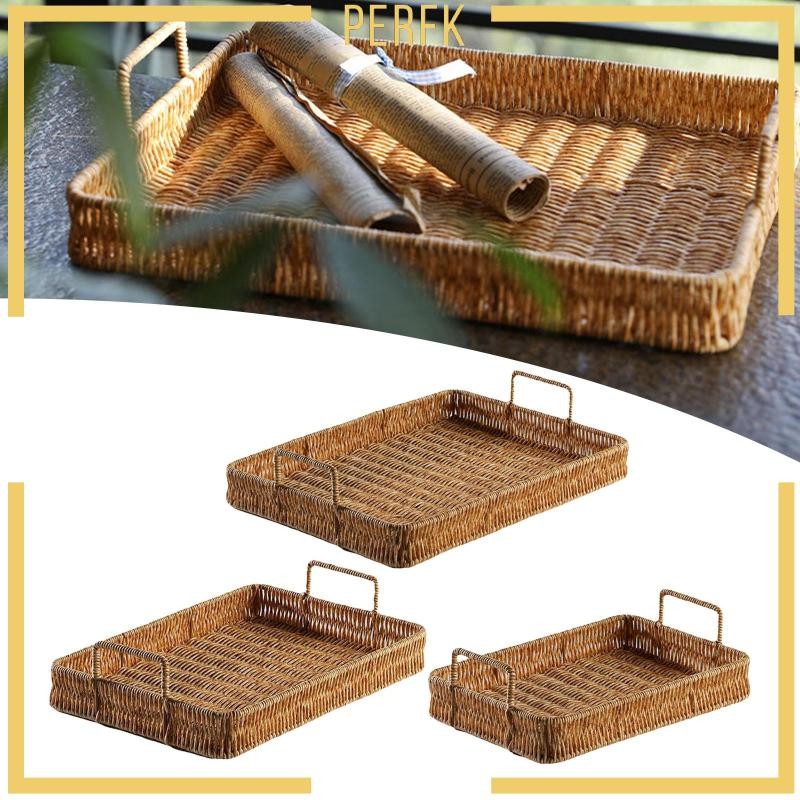 [Perfk] Rectangular Hand Woven Serving Tray Entryway Keys Storage Trays ...