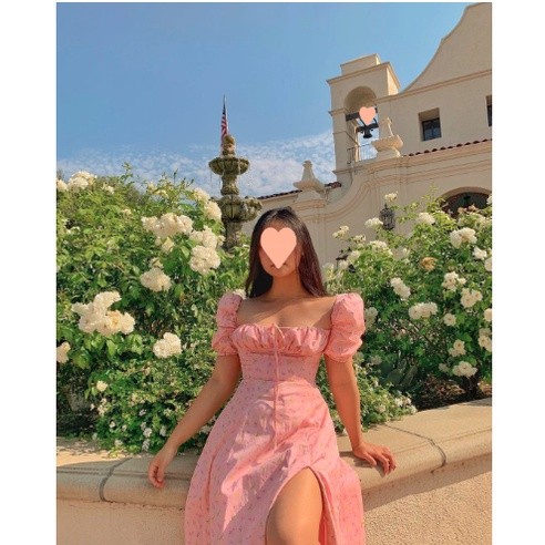 (Big CUT) Puffy Sleeve Cream Pink Cottage Core Midi Dress with Ruched ...
