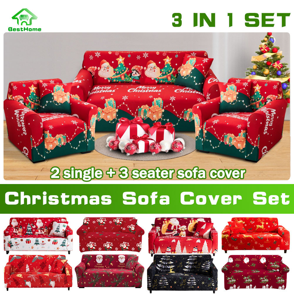 3Pcs Christmas Sofa Cover Set of 2 Single and 3 Seater Stretch Sofa ...