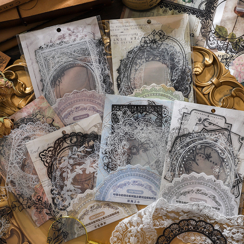 Journamm 10pcs/pack Kawaii Lace Sticker Vintage Lace Heart Frame Cute ...