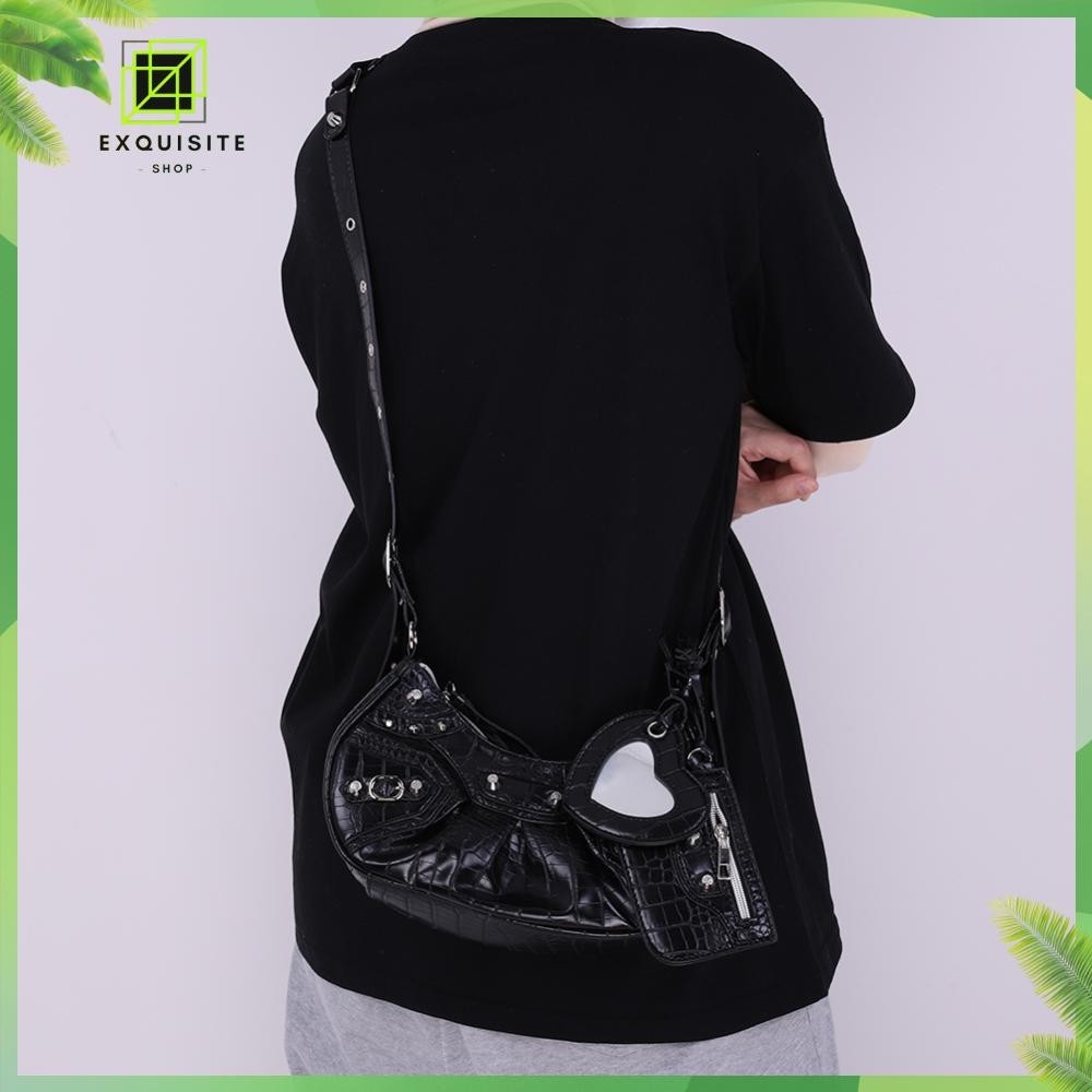 【EST】 Rivet Trendy Hobo Bag Punk Style Half Moon Bag with Small Wallet ...