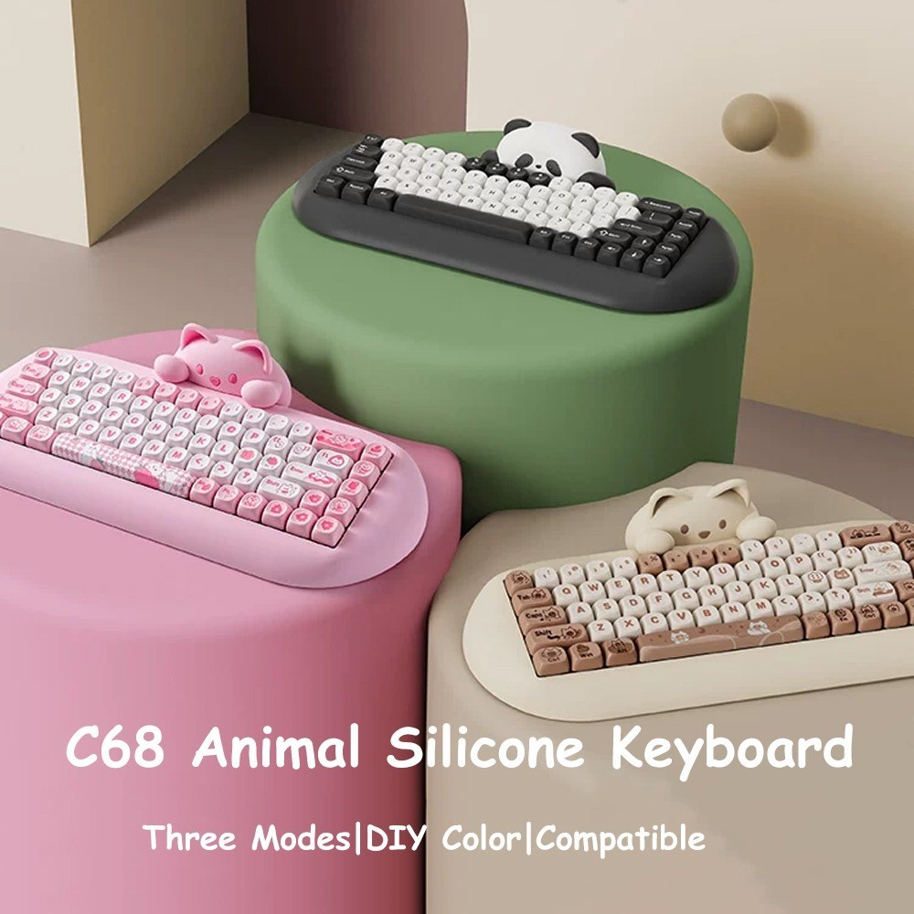 Cat Keyboard C68 Cute Silicone Hotswap Keyboard Keycap Set Bluetooth Wireless Wired 2.4GHZ Three ...
