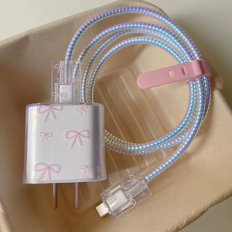 5 Pieces/set Pink Bow Lovely Winder Charger & Data Cable Protector Case ...