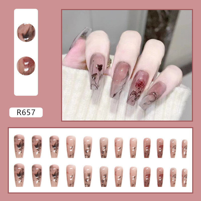 Fake Nails Set 24 Ballet Shaped Fake Nails with A Subtle Red Rose Blend ...