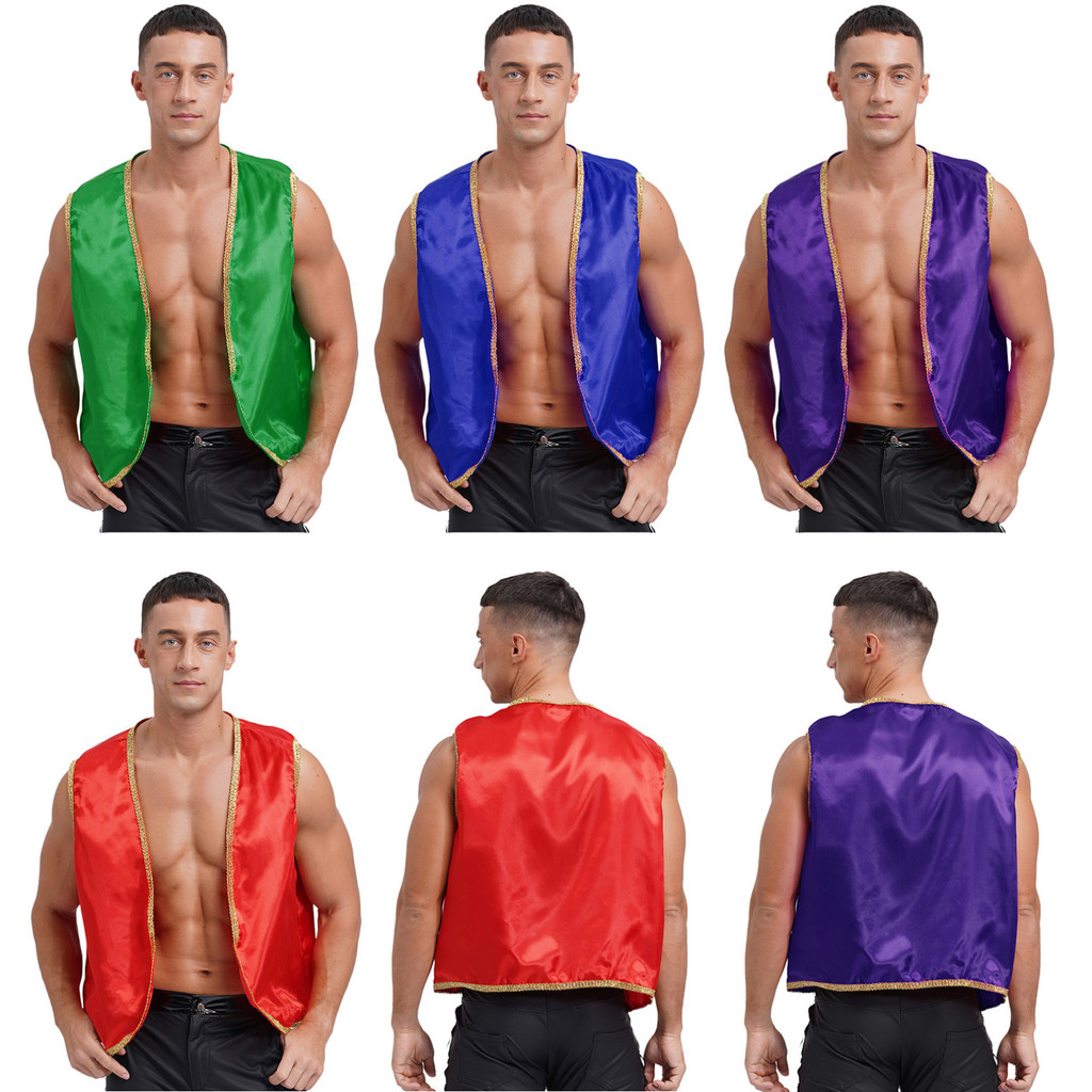 Mens Deluxe Arabian Prince Vest Stain Gold Trim Open Front Curved ...