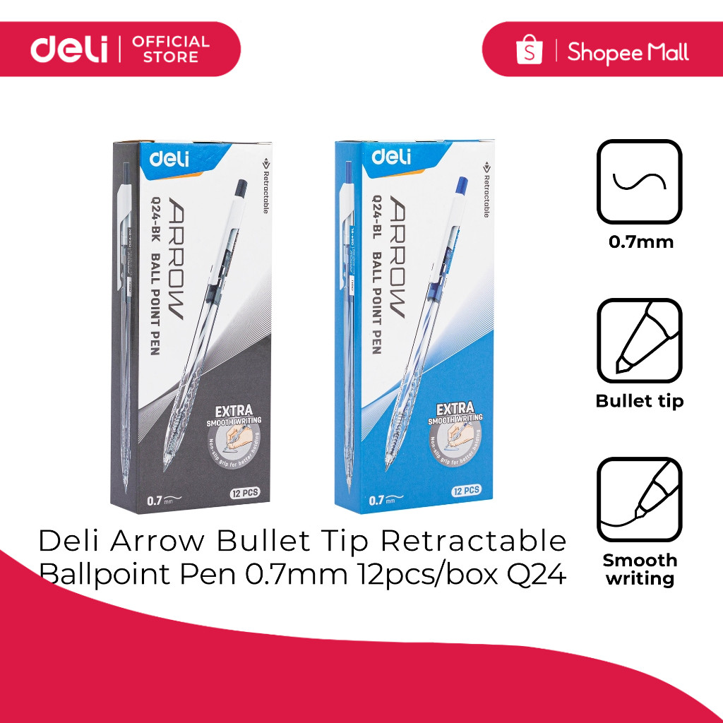 Deli Q24 Arrow Bullet Tip Retractable Ballpoint Pen 0.7mm 12pcs/box ...