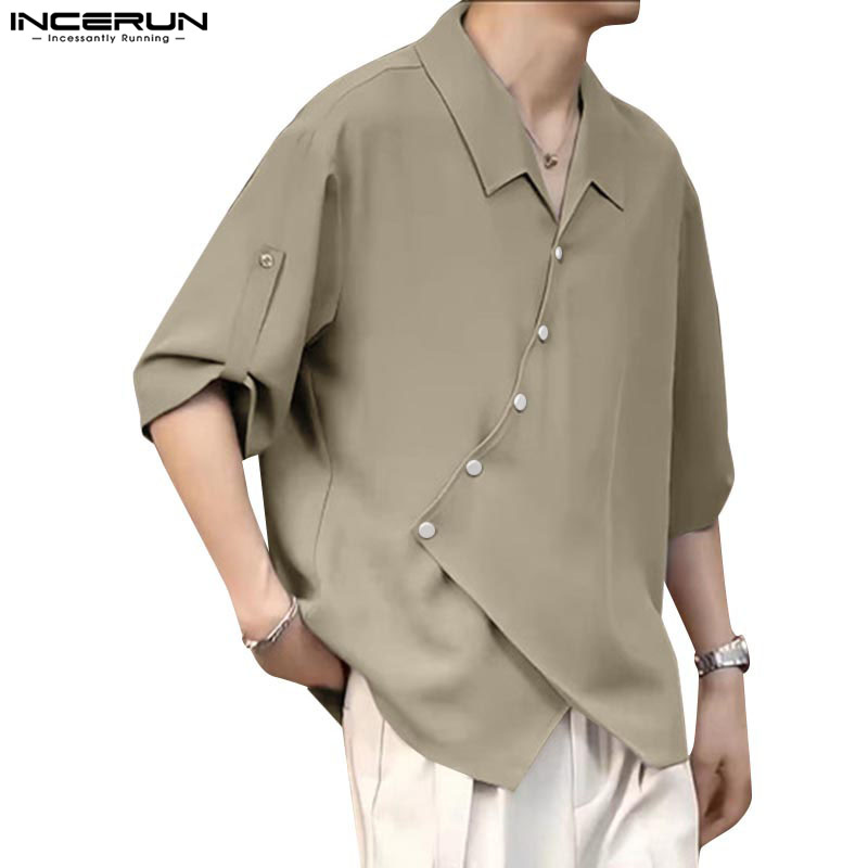 INCERUN Men Korean Casual Turn Down Collar Loose Half Sleeve Shirts ...