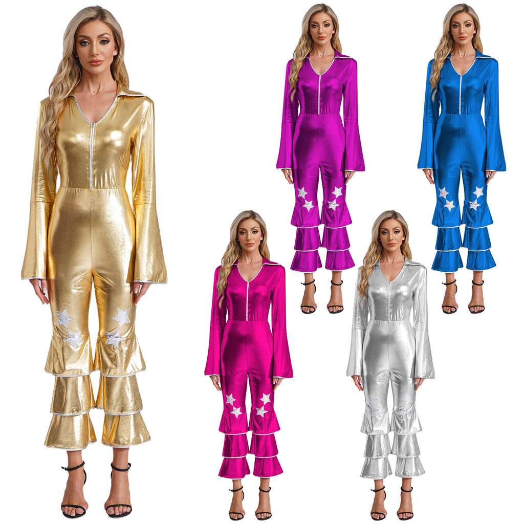 inhzoy Women 70s 80s Disco Outfit One Piece Long Sleeve Flared Jumpsuit ...