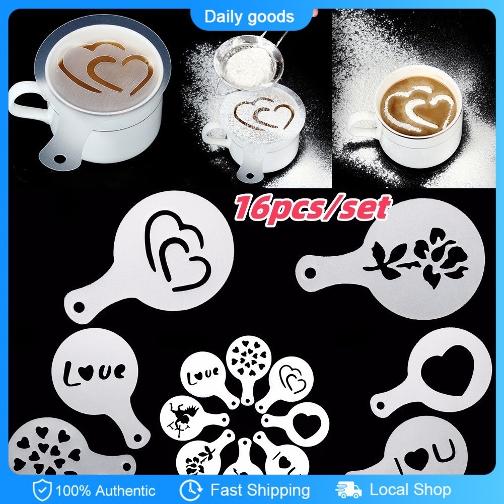 16Pcs/set Latte Art Coffee Mold Plastic Flower Template Cake Stencils ...