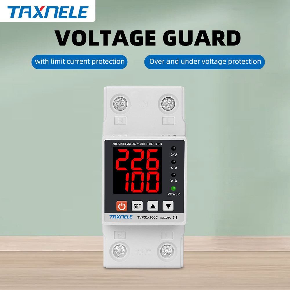 TAXNELE Dual Display 100A 230V Din Rail Adjustable digital Over Under Voltage Current Protector ...
