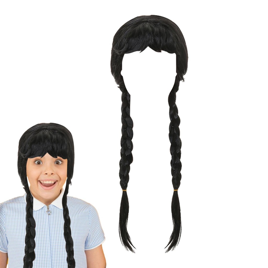 Braided pigtails wig with middle-parted bangs in black woven hair for ...