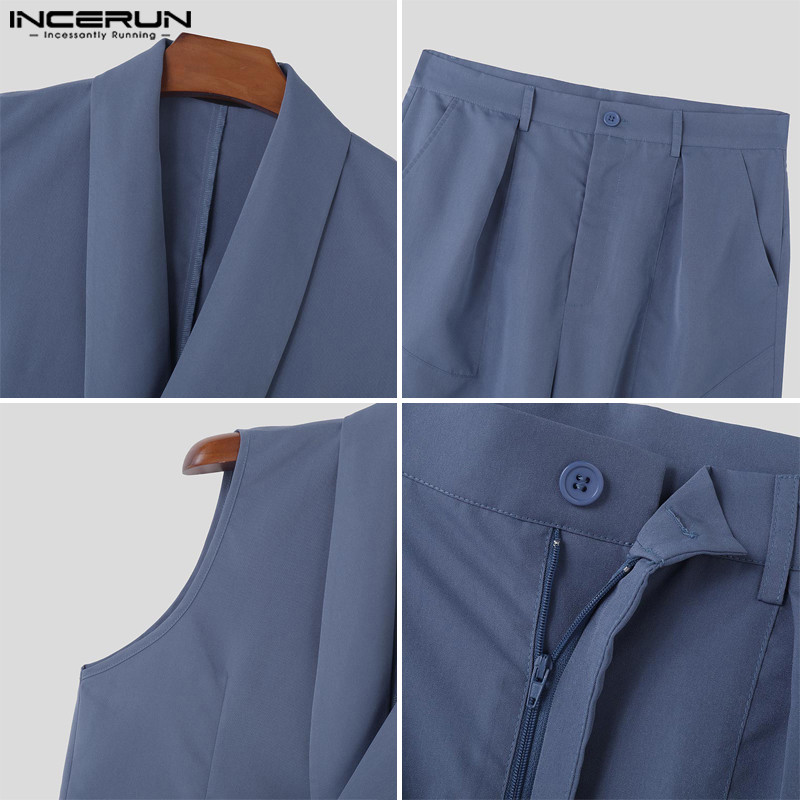 INCERUN Men Vintage Casual Solid Color Double Breasted Vest Pants Sets ...