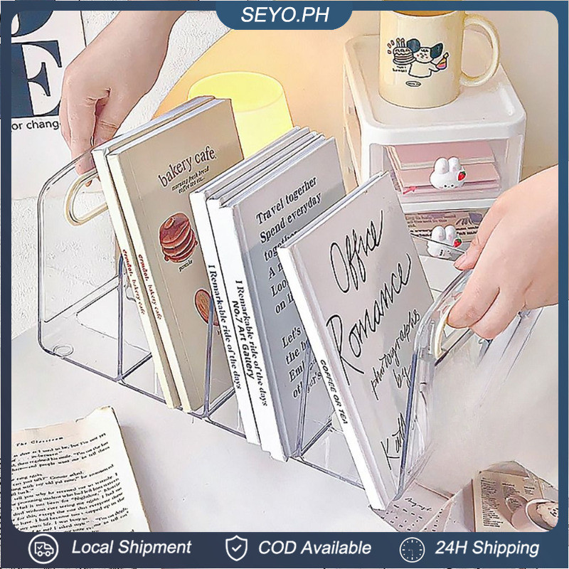 Acrylic Desktop Bookshelf Storage Box Transparent Portable Divided Book ...