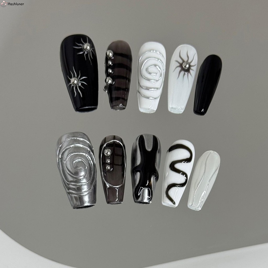 Glossy Black White Fake Nails with Sun Printed Reusable Long Lasting ...