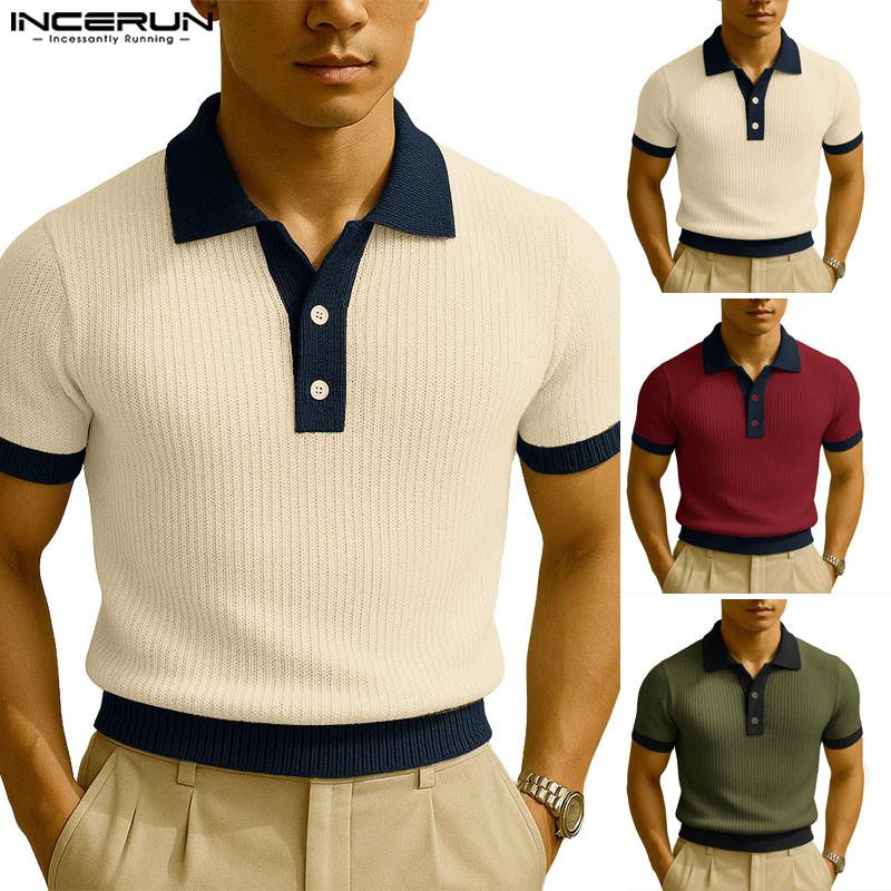 INCERUN Men's Splicing Color Contrast Texture Collar T-shirt POLO ...