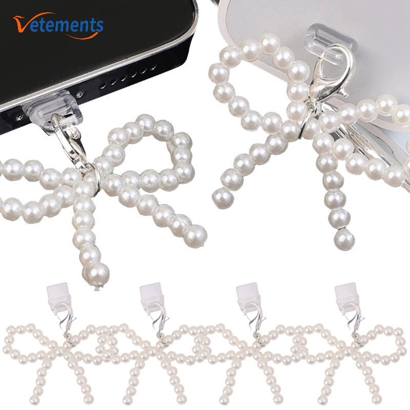 Bowknot Phone Dust Plug Accessory - Pearl Bow Pendant Phone Decoration ...