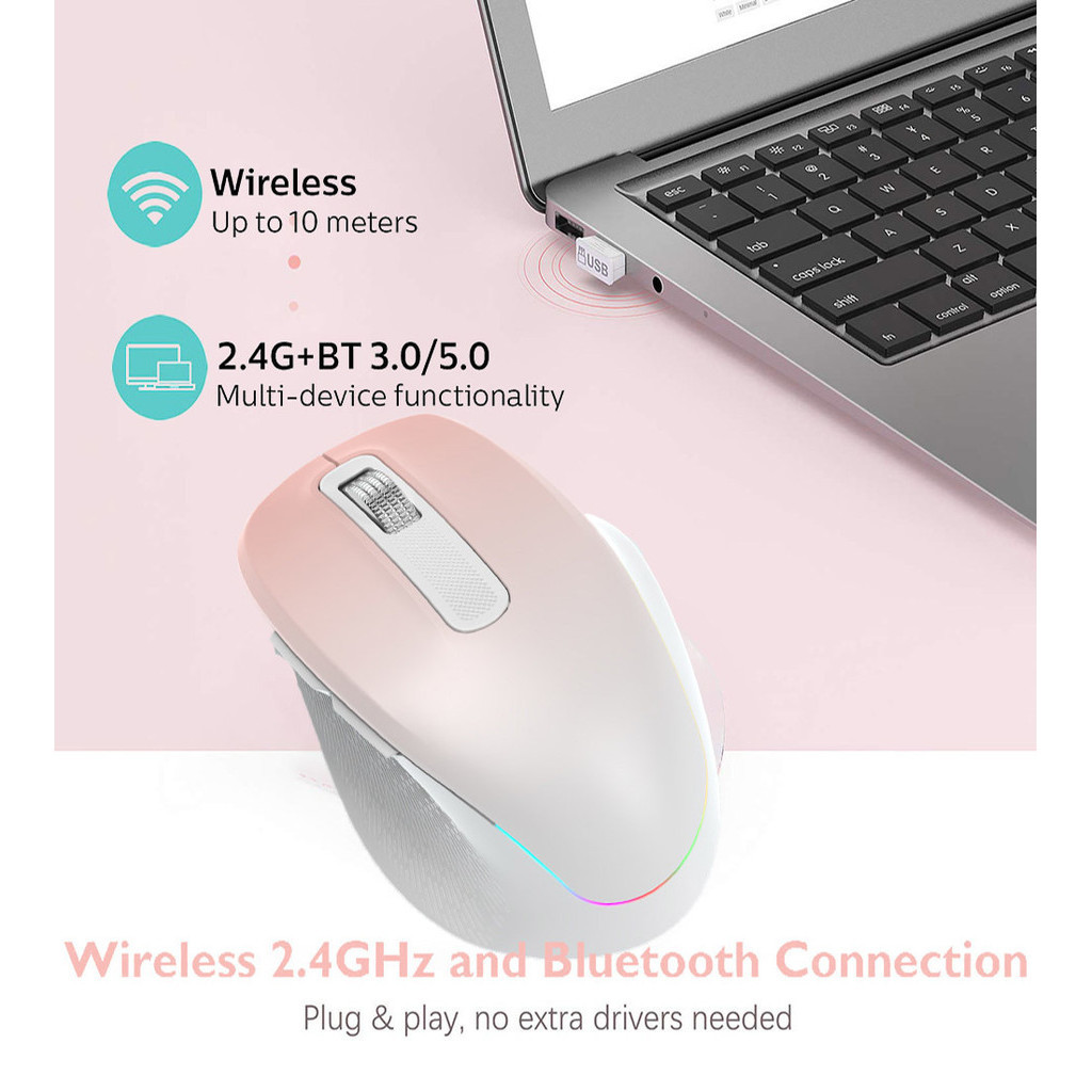 LED Backlit Bluetooth Wireless Mouse 2.4G Dual Mode Plug and Play 1600 ...
