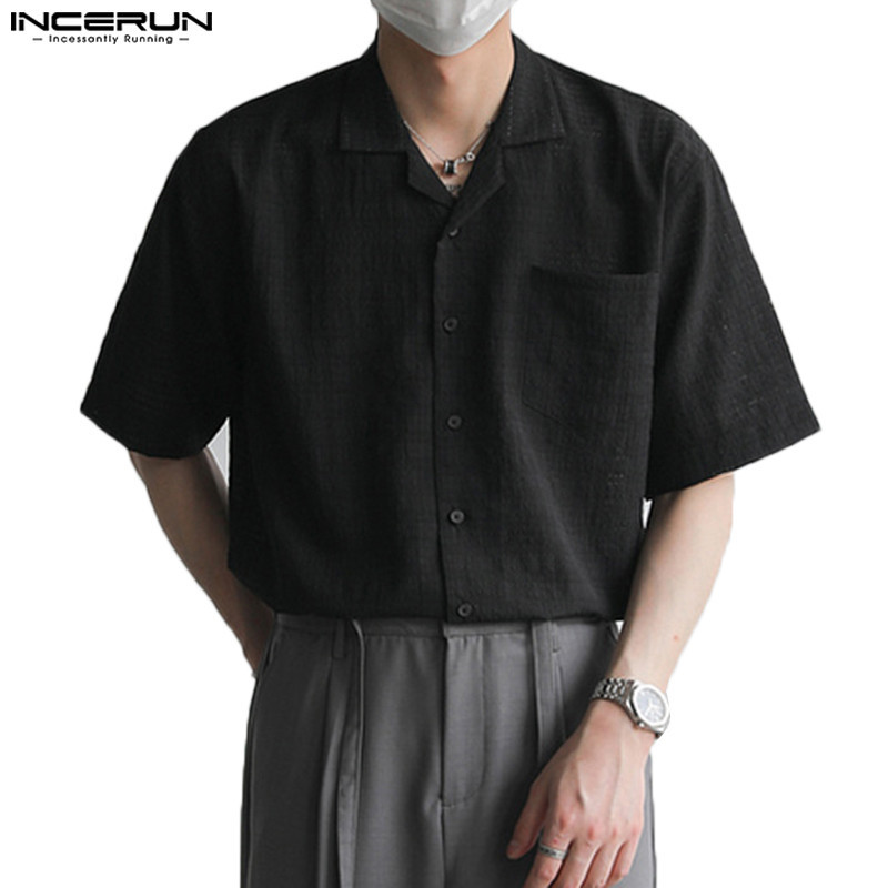 INCERUN Men Korean Casual Turn Down Collar Loose Short Sleeve Shirts ...