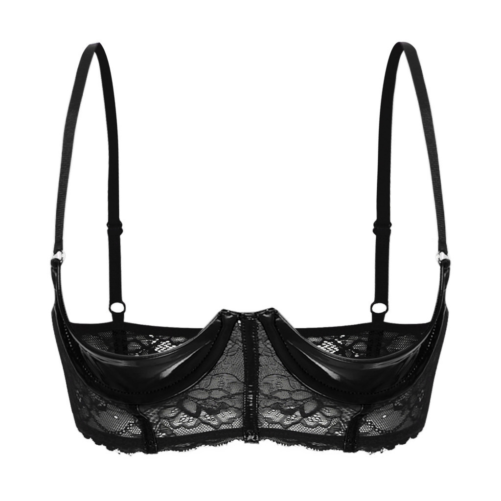 Women Sexy Patent Leather Open Cup Bra Lingerie See-through Floral Lace ...