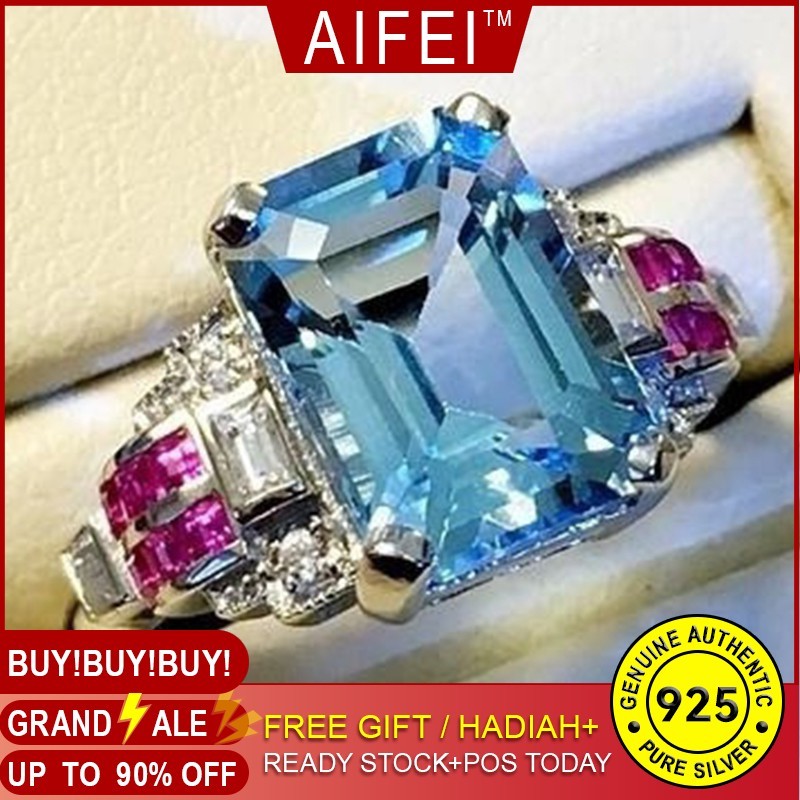 Aifei Jewellery Natural Aquamarine Woman Ring Mosaic Diamond 18K White ...