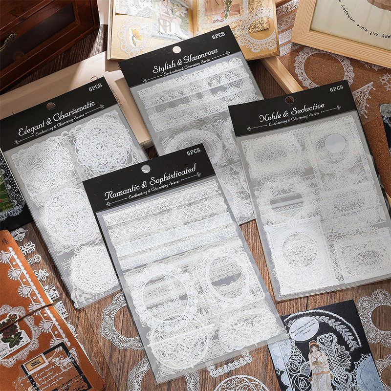 6 Sheets Vintage Transparent White Lace Series Lace Stickers Scrapbook ...