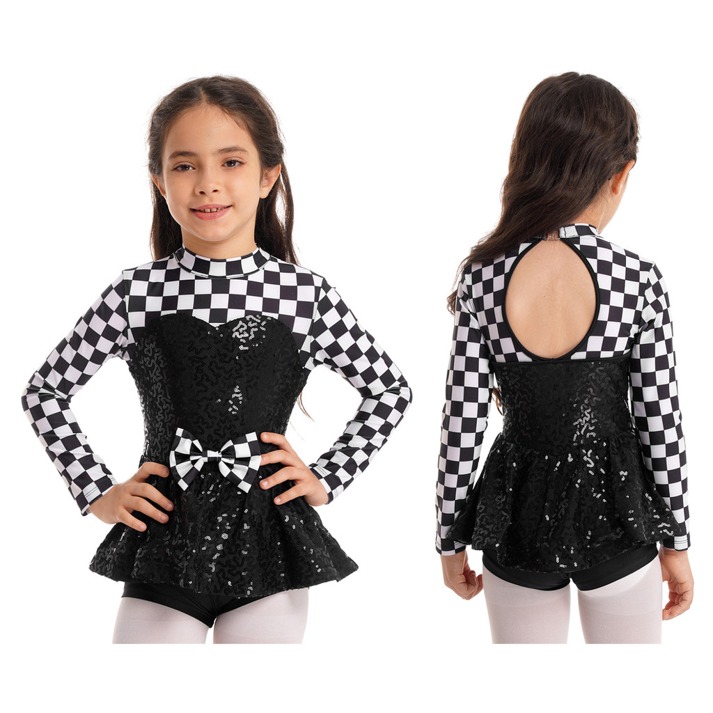 zhyt- Kids Girls Racer Costume Long Sleeve Sequin Checkerboard Printed ...