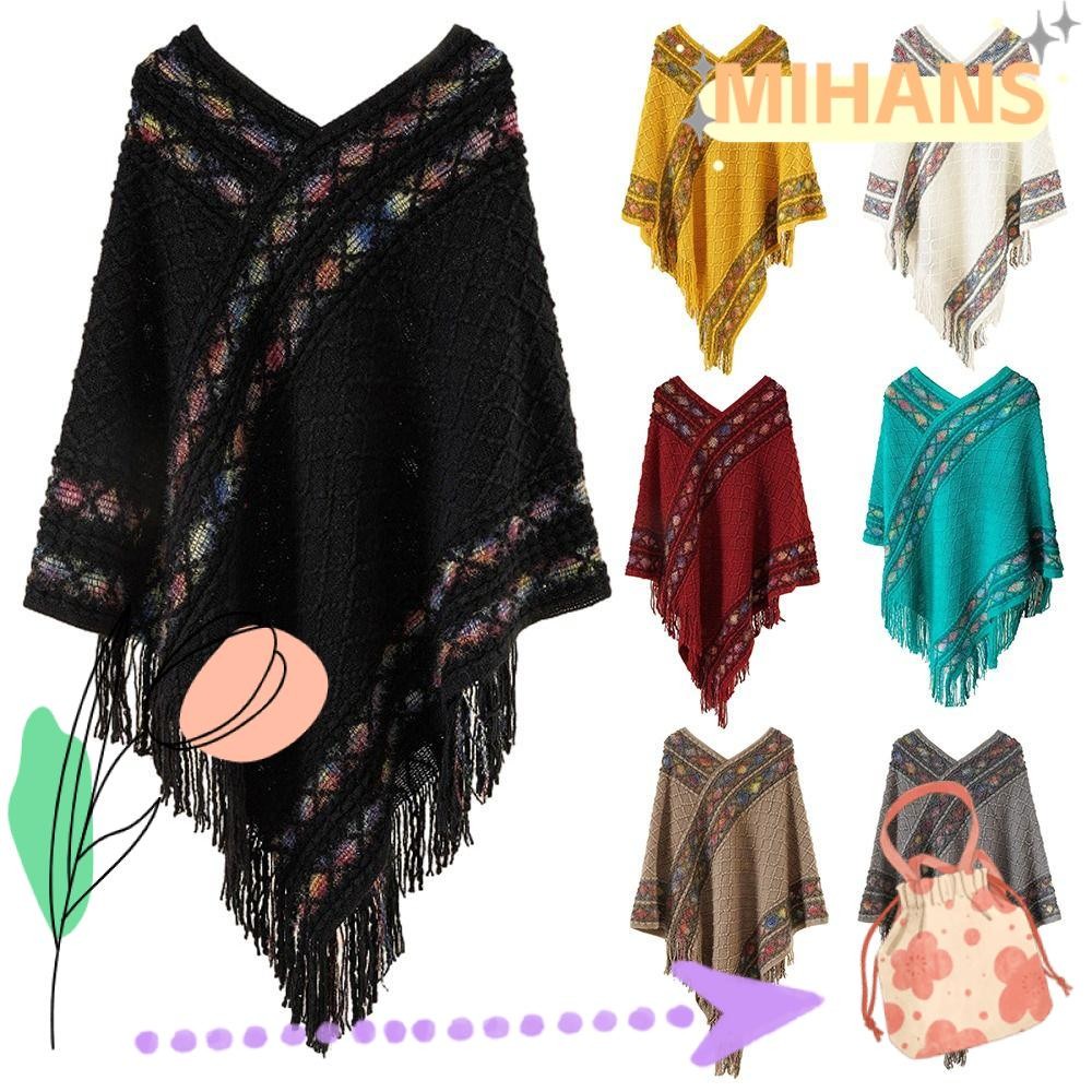 MIH Mongolian Poncho, Winter Warm Imitation Cashmere Rhombic Stripe ...