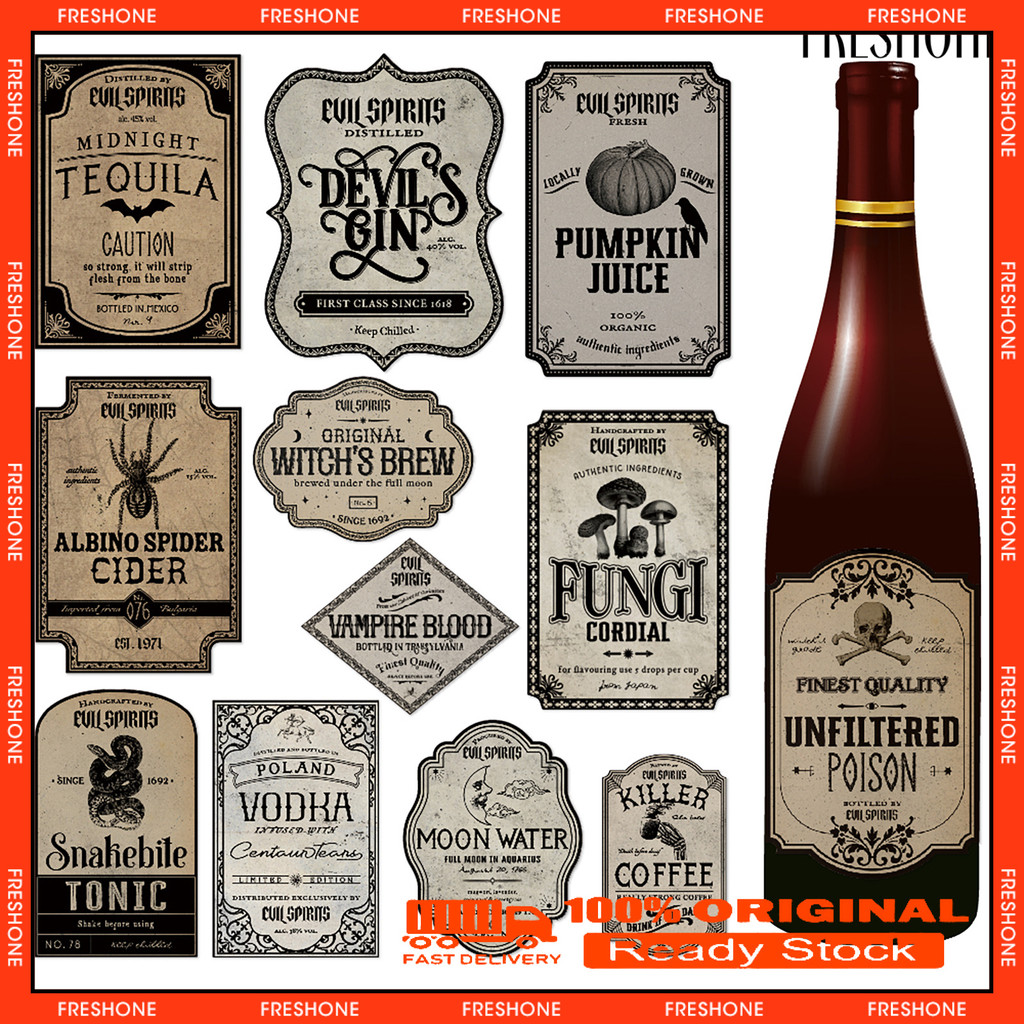 COD 12 Sheets Halloween Wine Bottle Labels Beer Bottle Stickers ...